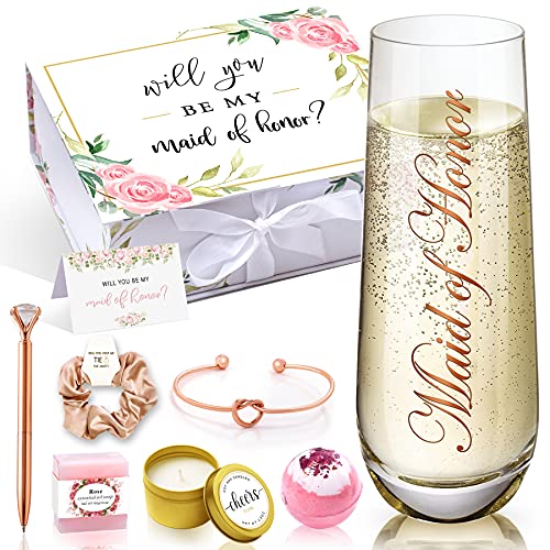 Gemwi Maid of Honor Spa Gift Box, Maid of Honor Stemless Champagne Flutes, Maid of Honor Proposal, Will You Be My Maid of Honor, Bridal Party, Wedding or Bachelorette Party