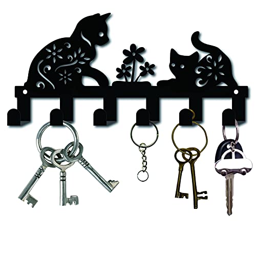 CREATCABIN Metal Key Holder Black Key Hooks Wall Mount Hanger Decor Hanging Organizer Rock Decorative with 6 Hooks Cat and Flower Pattern for Front Door Entryway Cabinet Towel 10.6 x 5.1inches