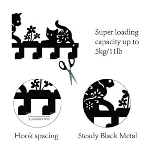 CREATCABIN Metal Key Holder Black Key Hooks Wall Mount Hanger Decor Hanging Organizer Rock Decorative with 6 Hooks Cat and Flower Pattern for Front Door Entryway Cabinet Towel 10.6 x 5.1inches