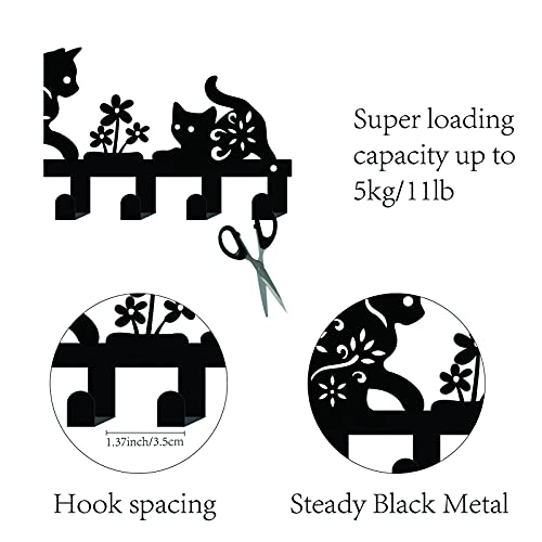 CREATCABIN Metal Key Holder Black Key Hooks Wall Mount Hanger Decor Hanging Organizer Rock Decorative with 6 Hooks Cat and Flower Pattern for Front Door Entryway Cabinet Towel 10.6 x 5.1inches