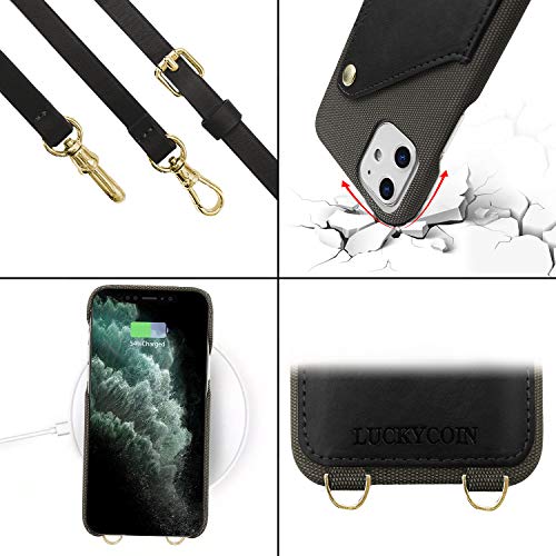 LUCKYCOIN for iPhone 11 Crossbody Premium Fabric Real Leather Full Protection Phone Case with Card Holder Slot Adjustable & Detachable Strap Slim Fit Compatible with Apple iPhone 11 6.1 inch -Black