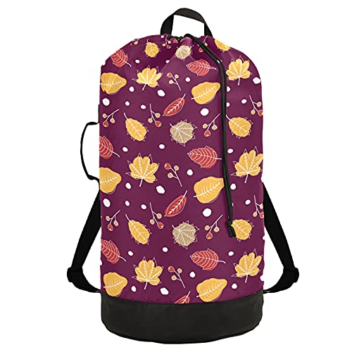 Cute Fall Thanksgiving Leaves Laundry Bag Heavy Duty Laundry Backpack with Shoulder Straps Handles Travel Laundry bag Drawstring Closure Dirty Clothes Organizer For Apartment College Dorm Laundromat