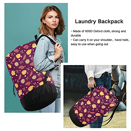 Cute Fall Thanksgiving Leaves Laundry Bag Heavy Duty Laundry Backpack with Shoulder Straps Handles Travel Laundry bag Drawstring Closure Dirty Clothes Organizer For Apartment College Dorm Laundromat