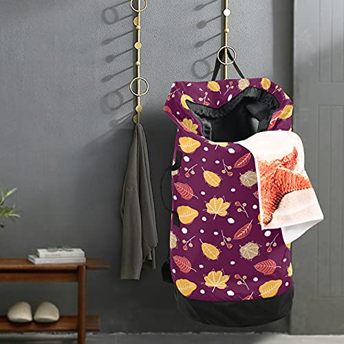 Cute Fall Thanksgiving Leaves Laundry Bag Heavy Duty Laundry Backpack with Shoulder Straps Handles Travel Laundry bag Drawstring Closure Dirty Clothes Organizer For Apartment College Dorm Laundromat