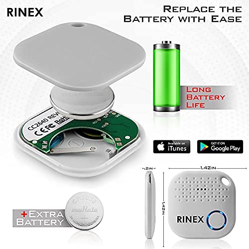 Bluetooth Key Finder – Key Locator Device with App, Siri Compatibility, & Extra Battery – Anti-Lost Keychain Tracker Device for Phone by Rinex- 2 Pack & Green and White