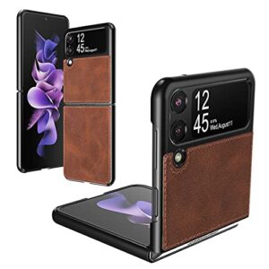 foluu for samsung galaxy z flip 3 5g case, galaxy z flip 3 5g leather case, pu leather + hard pc shell ultra thin slim durable protective phone case cover for samsung galaxy z flip 3 5g 2021 (brown)