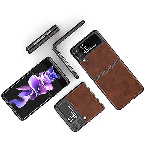 Foluu for Samsung Galaxy Z Flip 3 5G Case, Galaxy Z Flip 3 5G Leather Case, PU Leather + Hard PC Shell Ultra Thin Slim Durable Protective Phone Case Cover for Samsung Galaxy Z Flip 3 5G 2021 (Brown)