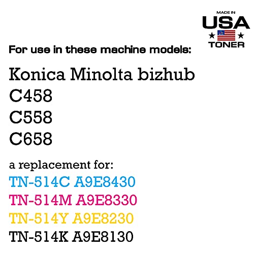 MADE IN USA TONER Compatible Replacement for use in Konica Minolta TN514K,TN514C,TN514M,TN514Y, bizhub C458, C558, C658 (Black, Cyan, Yellow, Magenta, 4-Pack)