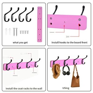 Wall Mounted Coat Rack Ethuh Rustic Wall Hook Solid Wood Hat Hanger Entryway Hanging Coat Rack4 Silver Metal for Entryway, only 1screws to Hold The Hooks Rack (Pink Black)