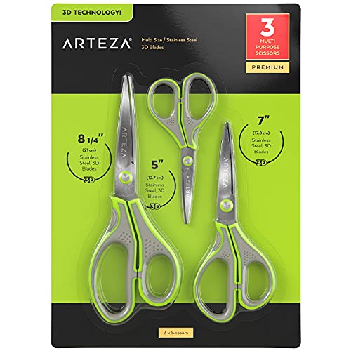 Arteza Household Scissors, Set of 3 â€“ 5, 7, and 8.25 Inches, All-Purpose Scissors with 3D Blades of Stainless Steel, Home Supplies for Crafting, Cooking, and School Projects