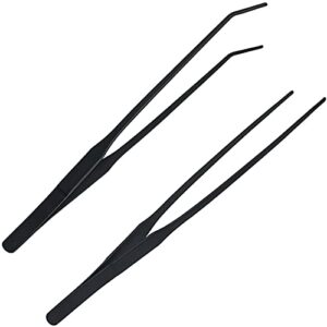 2 pcs feeding tongs, aquarium tweezers stainless steel straight and curved tweezers set 27cm/10.6 inches aquascaping tools for hold worms, reptiles, lizards, bearded dragon (black)