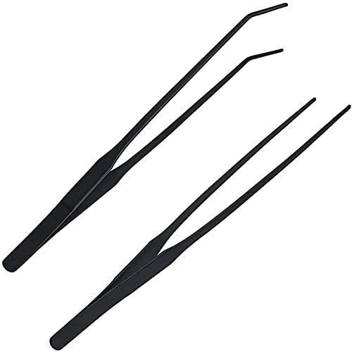 2 Pcs Feeding Tongs, Aquarium Tweezers Stainless Steel Straight and Curved Tweezers Set 27cm/10.6 inches Aquascaping Tools for Hold Worms, Reptiles, Lizards, Bearded Dragon (Black)