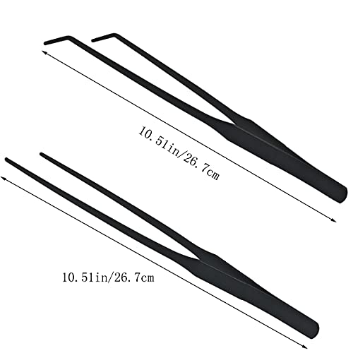 2 Pcs Feeding Tongs, Aquarium Tweezers Stainless Steel Straight and Curved Tweezers Set 27cm/10.6 inches Aquascaping Tools for Hold Worms, Reptiles, Lizards, Bearded Dragon (Black)