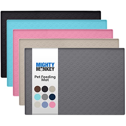 MIGHTY MONKEY Silicone Pet Feeding Mat, 22x14, Waterproof Placemat for Dog and Cat Bowls, Raised Edges, Prevent Water Spills and Food Messes on Floor, Paw Print Tray Mats, Dishwasher Safe, Gray