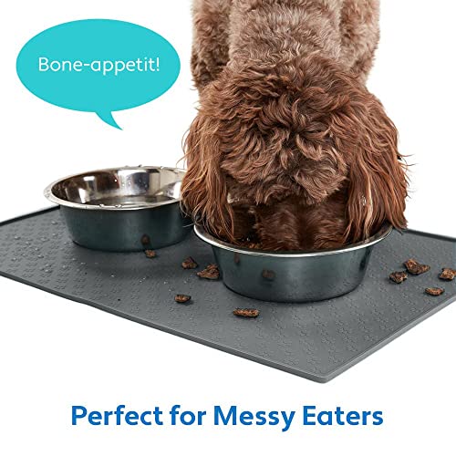 MIGHTY MONKEY Silicone Pet Feeding Mat, 22x14, Waterproof Placemat for Dog and Cat Bowls, Raised Edges, Prevent Water Spills and Food Messes on Floor, Paw Print Tray Mats, Dishwasher Safe, Gray