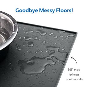 MIGHTY MONKEY Silicone Pet Feeding Mat, 22x14, Waterproof Placemat for Dog and Cat Bowls, Raised Edges, Prevent Water Spills and Food Messes on Floor, Paw Print Tray Mats, Dishwasher Safe, Gray