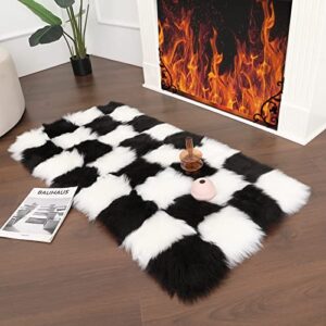 cklzsay faux fur rug three layer thick washable fluffy soft sheepskin rug rectangular 2x4 feet plush rug for living room bedroom sofa bedside floor cushion rug (black and white)