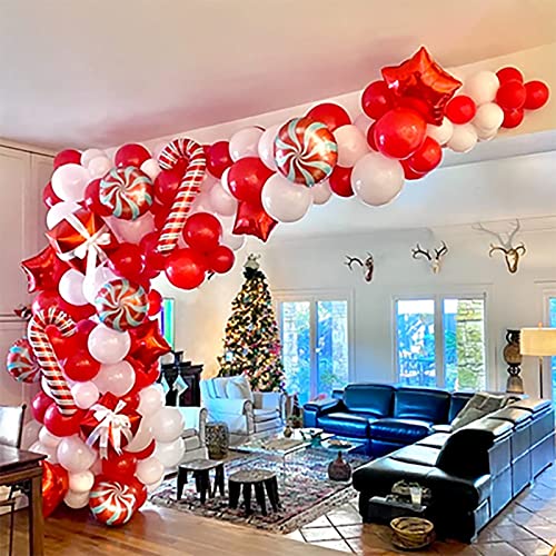 Christmas Balloon Garland Arch Kit – 160 Pack White Red Latex Balloons with Christmas Round Candy Cane Stars Foil Helium Balloon for XMAS Evening Decoration Supplies