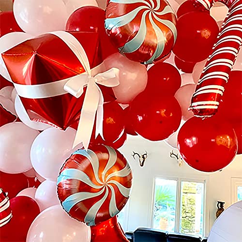 Christmas Balloon Garland Arch Kit – 160 Pack White Red Latex Balloons with Christmas Round Candy Cane Stars Foil Helium Balloon for XMAS Evening Decoration Supplies