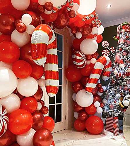 Christmas Balloon Garland Arch Kit – 160 Pack White Red Latex Balloons with Christmas Round Candy Cane Stars Foil Helium Balloon for XMAS Evening Decoration Supplies