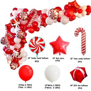 Christmas Balloon Garland Arch Kit – 160 Pack White Red Latex Balloons with Christmas Round Candy Cane Stars Foil Helium Balloon for XMAS Evening Decoration Supplies