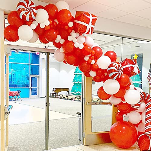 Christmas Balloon Garland Arch Kit – 160 Pack White Red Latex Balloons with Christmas Round Candy Cane Stars Foil Helium Balloon for XMAS Evening Decoration Supplies