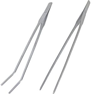 2 pcs feeding tongs, aquarium tweezers stainless steel straight and curved tweezers set 27cm/10.6 inches aquascaping tools for hold worms, reptiles, lizards, bearded dragon (silver)