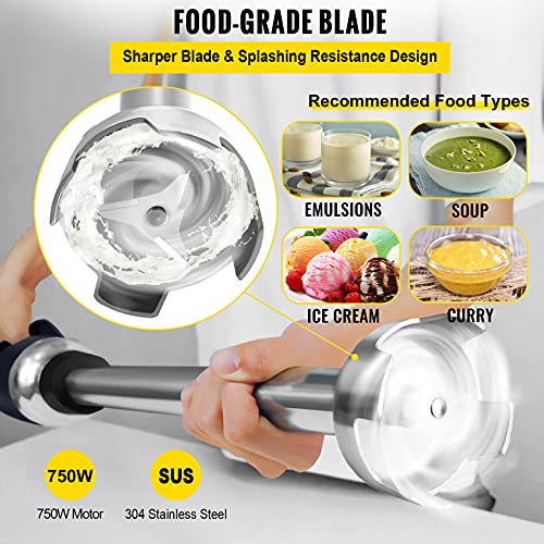 VEVOR Commercial Immersion Blender Variable Speed Heavy Duty Immersion Blender 750W Commercial Hand Mixer 304 Stainless Steel Hand Blender Commercial (11.8")