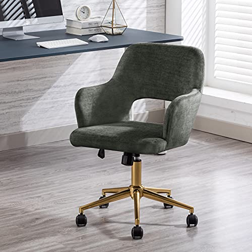 Duhome Home Office Desk Chair with Wheels, Fabric Adjustable Swivel Accent Chair with Hollow Mid-Back Backrest, for Living Room Bedroom, Green Golden Base