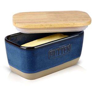 hvh ceramic butter dish with lid for countertop, airtight butter keeper with wooden lid, butter dishes with covers, ceramic butter container for east west coast butter, farmhouse style (blue)