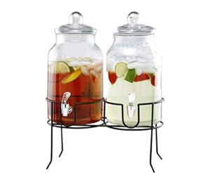 style setter rustic home beverage dispenser set of 2 cold drink dispenser w/ 1-gallon capacity each glass jug, metal rack & leak-proof acrylic chrome spigot great for parties, weddings