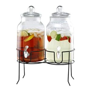 Style Setter Rustic Home Beverage Dispenser Set of 2 Cold Drink Dispenser w/ 1-Gallon Capacity each Glass Jug, Metal Rack & Leak-Proof Acrylic Chrome Spigot Great for Parties, Weddings