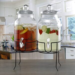 Style Setter Rustic Home Beverage Dispenser Set of 2 Cold Drink Dispenser w/ 1-Gallon Capacity each Glass Jug, Metal Rack & Leak-Proof Acrylic Chrome Spigot Great for Parties, Weddings