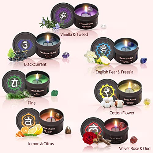 Chakra Candles with Premium Crystal and Healing Stones Luxury Meditation Scented Candles Gift Set for Women Stress Relief Spiritual Decor Healing Candles for Yoga, Aromatherapy