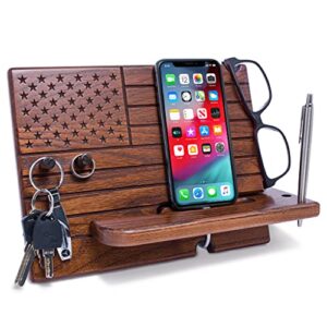 teslyar natural ash wood phone docking station national american usa flag hooks key holder watch organizer men gift husband anniversary birthday nightstand purse father graduation male