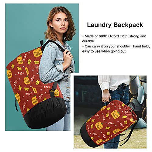 Pumpkin Candy Thanksgiving Laundry Bag Heavy Duty Laundry Backpack with Shoulder Straps Handles Travel Laundry bag Drawstring Closure Dirty Clothes Organizer For Apartment College Dorm Laundromat