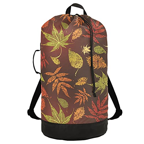 Autumn Fall Leaves Thanksgiving Laundry Bag Heavy Duty Laundry Backpack with Shoulder Straps Handles Travel Laundry bag Drawstring Closure Dirty Clothes Organizer For Home Apartment College Travel