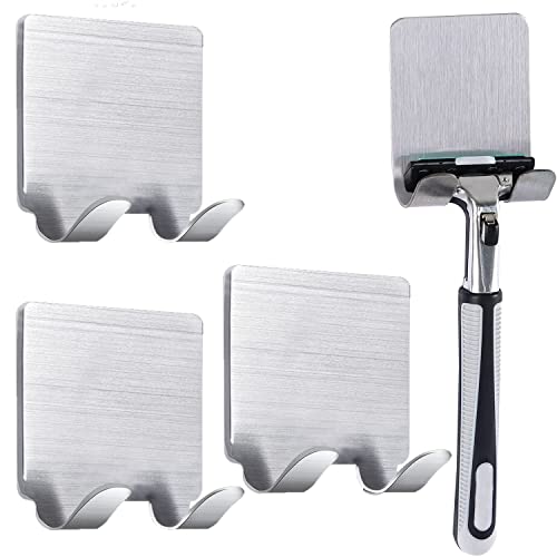 NC 4Pack Holder Shaver Hook Hanger Stand Self Adhesive Stainless Steel Heavy Duty Utility Storage Hook,Shower Hook for Razor,Bathroom Kitchen Organizer for Plug Robe Bathrobe Coat (4)