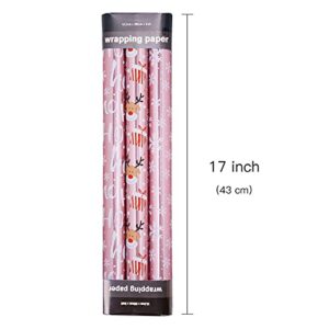 LeZakaa Christmas Wrapping Paper Mini Roll, Pink Metallic Foil Shine Paper - Snowflakes/Santa Claus/HO Print for Gift Wrap, Arts Crafts - 17 x 120 inches - 3 Rolls (42.5 sq.ft.ttl.)