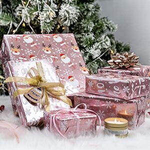 LeZakaa Christmas Wrapping Paper Mini Roll, Pink Metallic Foil Shine Paper - Snowflakes/Santa Claus/HO Print for Gift Wrap, Arts Crafts - 17 x 120 inches - 3 Rolls (42.5 sq.ft.ttl.)