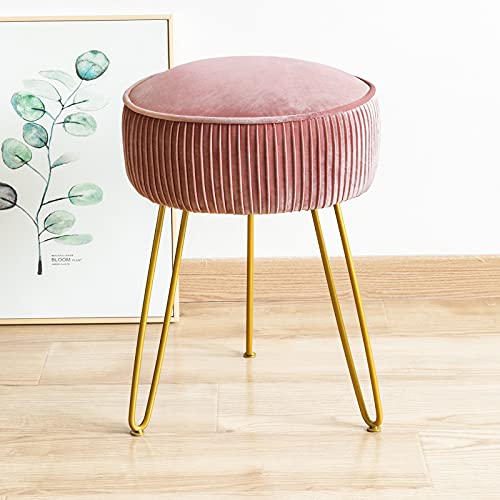 LUE BONA Mid Century Modern Velvet Upholstered Pleated Round Footrest Stool Ottoman with Metal Legs, Home Multifunctional Luxury Ottoman Suitable for Living Room and Bedroom