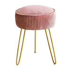 LUE BONA Mid Century Modern Velvet Upholstered Pleated Round Footrest Stool Ottoman with Metal Legs, Home Multifunctional Luxury Ottoman Suitable for Living Room and Bedroom