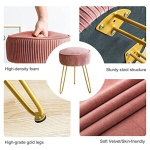 LUE BONA Mid Century Modern Velvet Upholstered Pleated Round Footrest Stool Ottoman with Metal Legs, Home Multifunctional Luxury Ottoman Suitable for Living Room and Bedroom