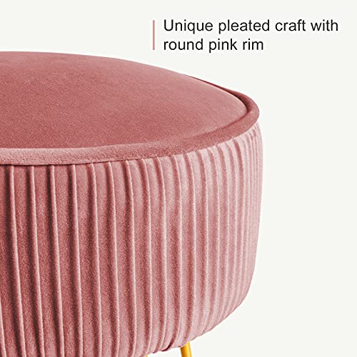 LUE BONA Mid Century Modern Velvet Upholstered Pleated Round Footrest Stool Ottoman with Metal Legs, Home Multifunctional Luxury Ottoman Suitable for Living Room and Bedroom