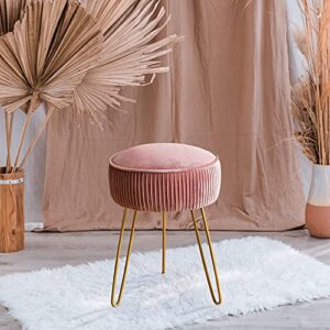 LUE BONA Mid Century Modern Velvet Upholstered Pleated Round Footrest Stool Ottoman with Metal Legs, Home Multifunctional Luxury Ottoman Suitable for Living Room and Bedroom