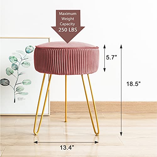 LUE BONA Mid Century Modern Velvet Upholstered Pleated Round Footrest Stool Ottoman with Metal Legs, Home Multifunctional Luxury Ottoman Suitable for Living Room and Bedroom