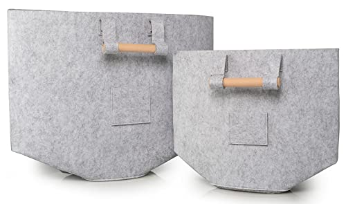 Set of 2 - Large & Medium - Recycled PET Felt Baskets, Multifunctional Laundry Hamper & Storage Organizer With Wooden Handles