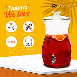 Style Setter Glass Beverage Dispenser for Countertop - 2.7 Gallon Large Glass Drink Dispenser w/Spigot & Lid - Party Drink Dispenser for Sweet Tea Lemonade Punch Water, Juice Dispensers for Parties