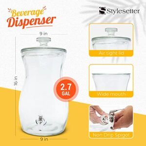 Style Setter Glass Beverage Dispenser for Countertop - 2.7 Gallon Large Glass Drink Dispenser w/Spigot & Lid - Party Drink Dispenser for Sweet Tea Lemonade Punch Water, Juice Dispensers for Parties