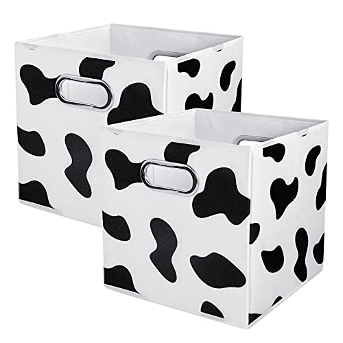 ANMINY 2PCS Storage Cubes Set Cow Print Large Cotton Linen Storage Bins Boxes Baskets with Handles PP Plastic Board Foldable Desktop Closet Shelf Organizer Container for Home Office - 11"x 11"x 11"